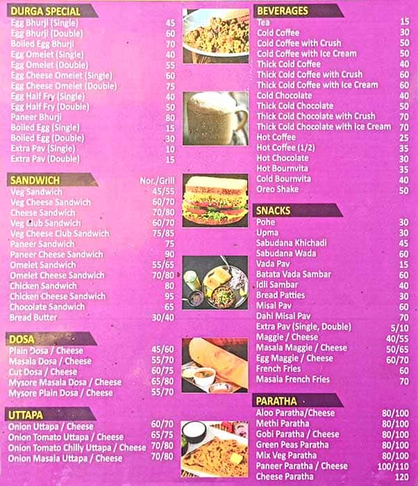 Menu of Cafe Durga, Baner, Pune
