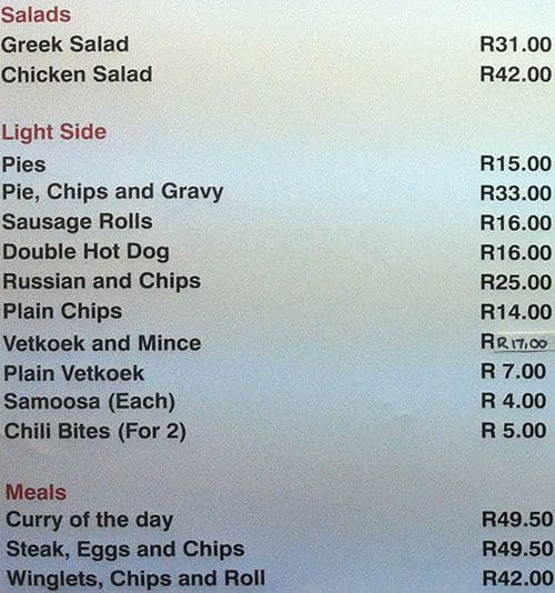 Menu at Silantro cafe, Johannesburg
