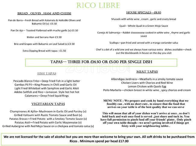 Menu at Rico Libre — Tapas with a Twist pub & bar, Birmingham