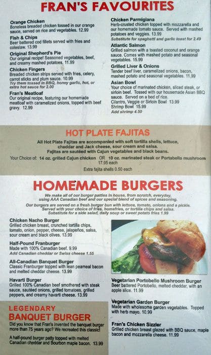 Menu at Fran's Restaurant and Bar, Toronto, 33 Yonge St #104
