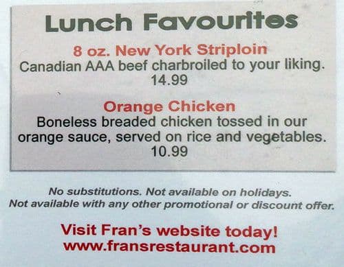 Menu at Fran's Restaurant and Bar, Toronto, 33 Yonge St #104