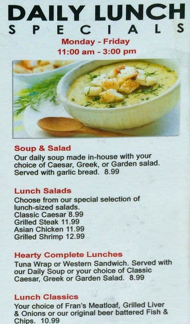 Menu at Fran's restaurant, Toronto, 200 Victoria St