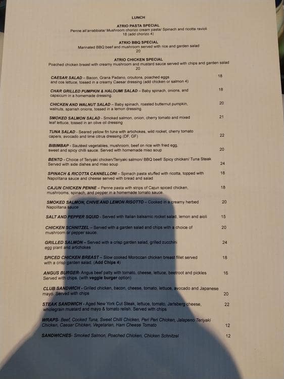 Menu at Atrio cafe, Sydney