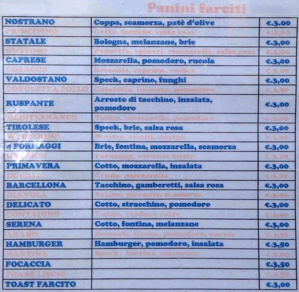 Menu da Bar Paninoteca Senso Unico, Milano, Via Giuseppe Compagnoni