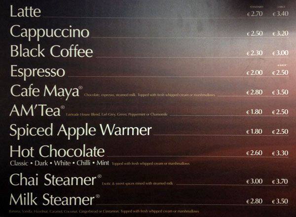 Menu at AMT Coffee, Dublin, Dun Laoghaire Station