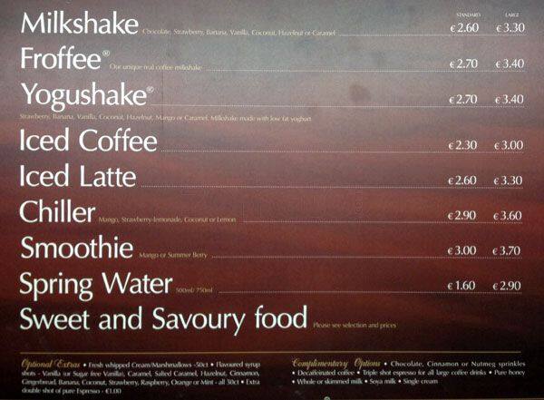Menu at AMT Coffee, Dublin, Dun Laoghaire Station