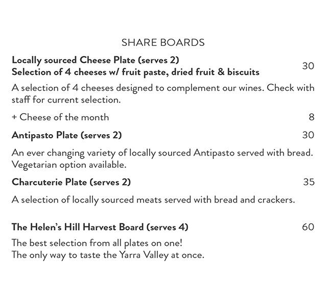 Menu at Helen's Hill Estate restaurant, Lilydale