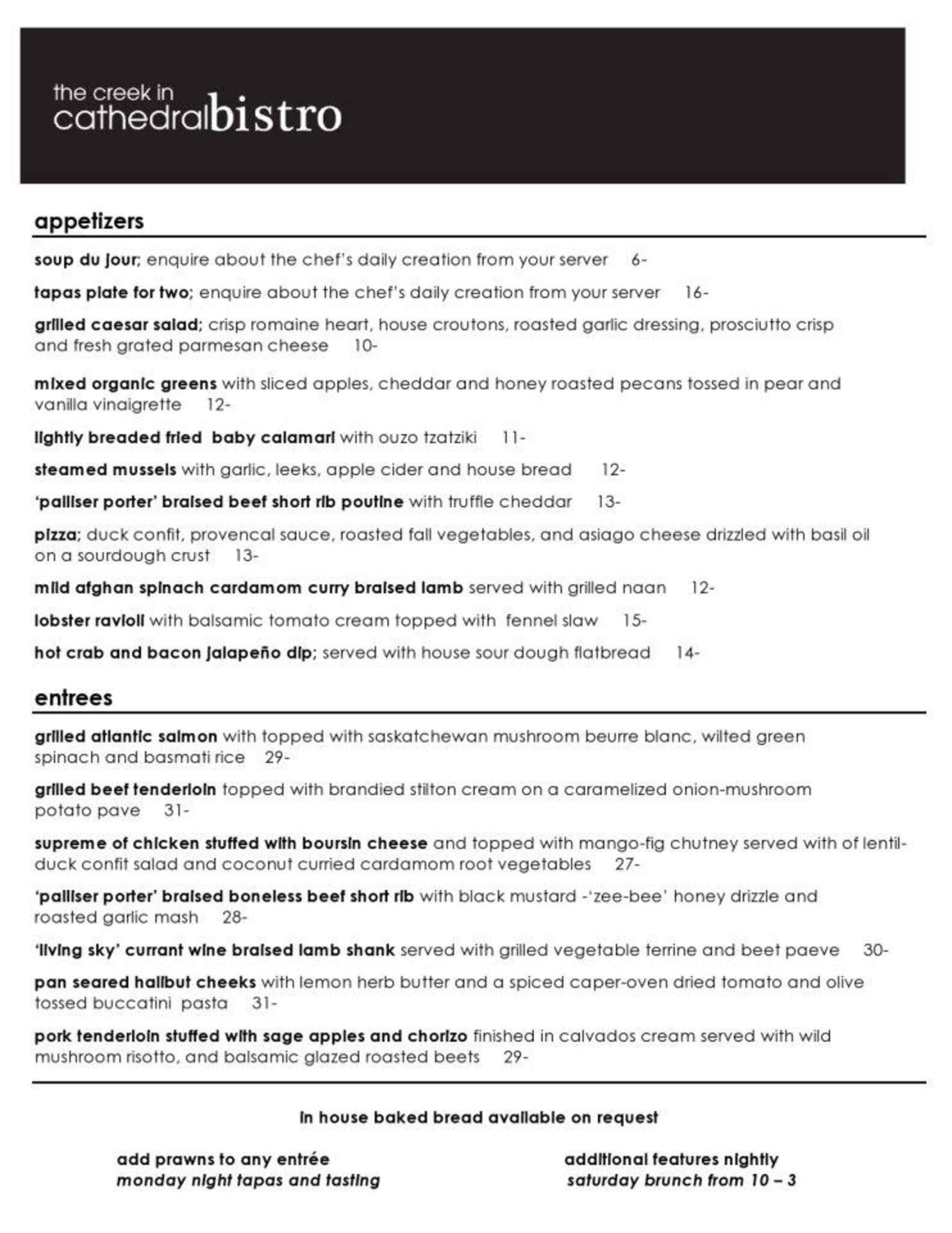 Menu at The Creek In Cathedral Bistro restaurant, Regina