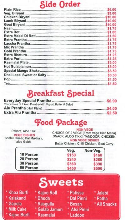 Menu at Agra Sweets desserts, Burnaby