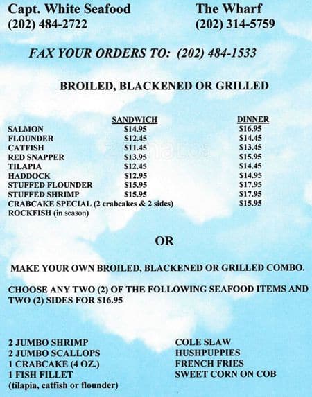 Menu at Captain White's Seafood restaurant, Washington