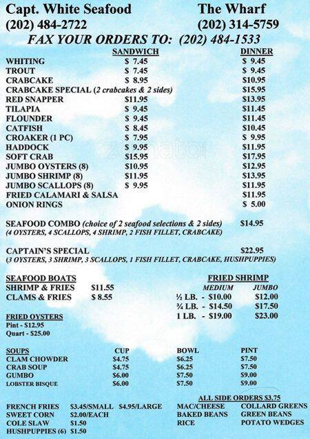 Menu at Captain White's Seafood restaurant, Washington