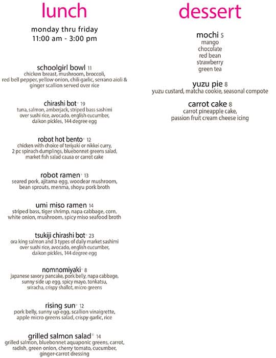 Menu at Lucky Robot restaurant, Austin