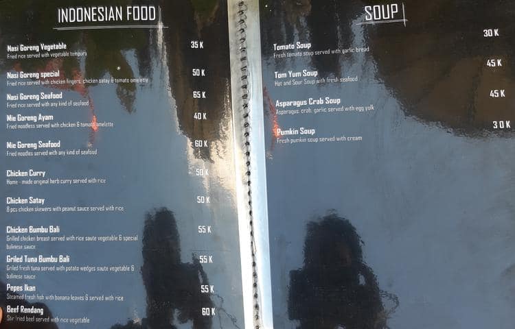 Menu at The Cabin restaurant, Kuta