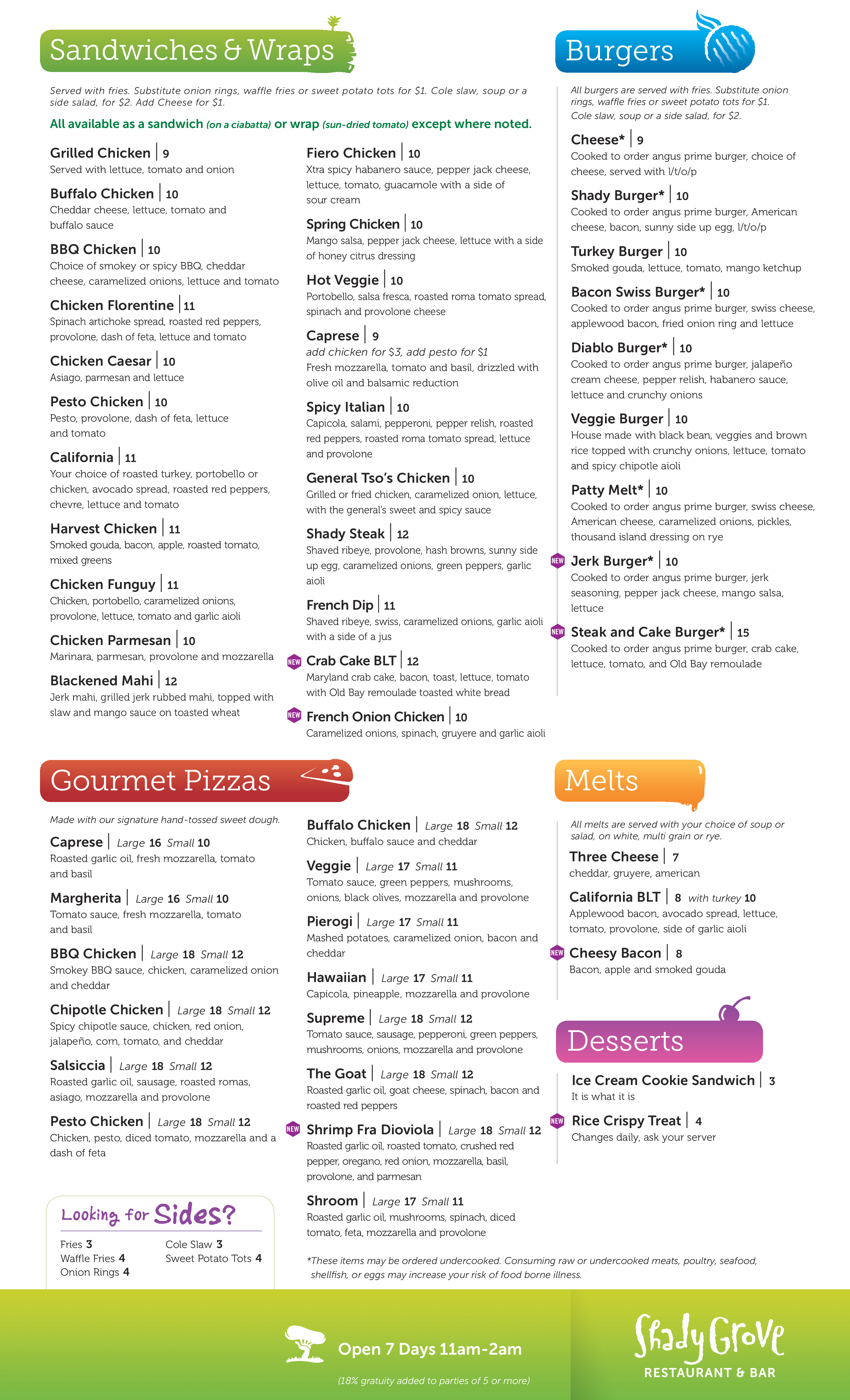 Menu at Shady Grove restaurant, Pittsburgh, Walnut St