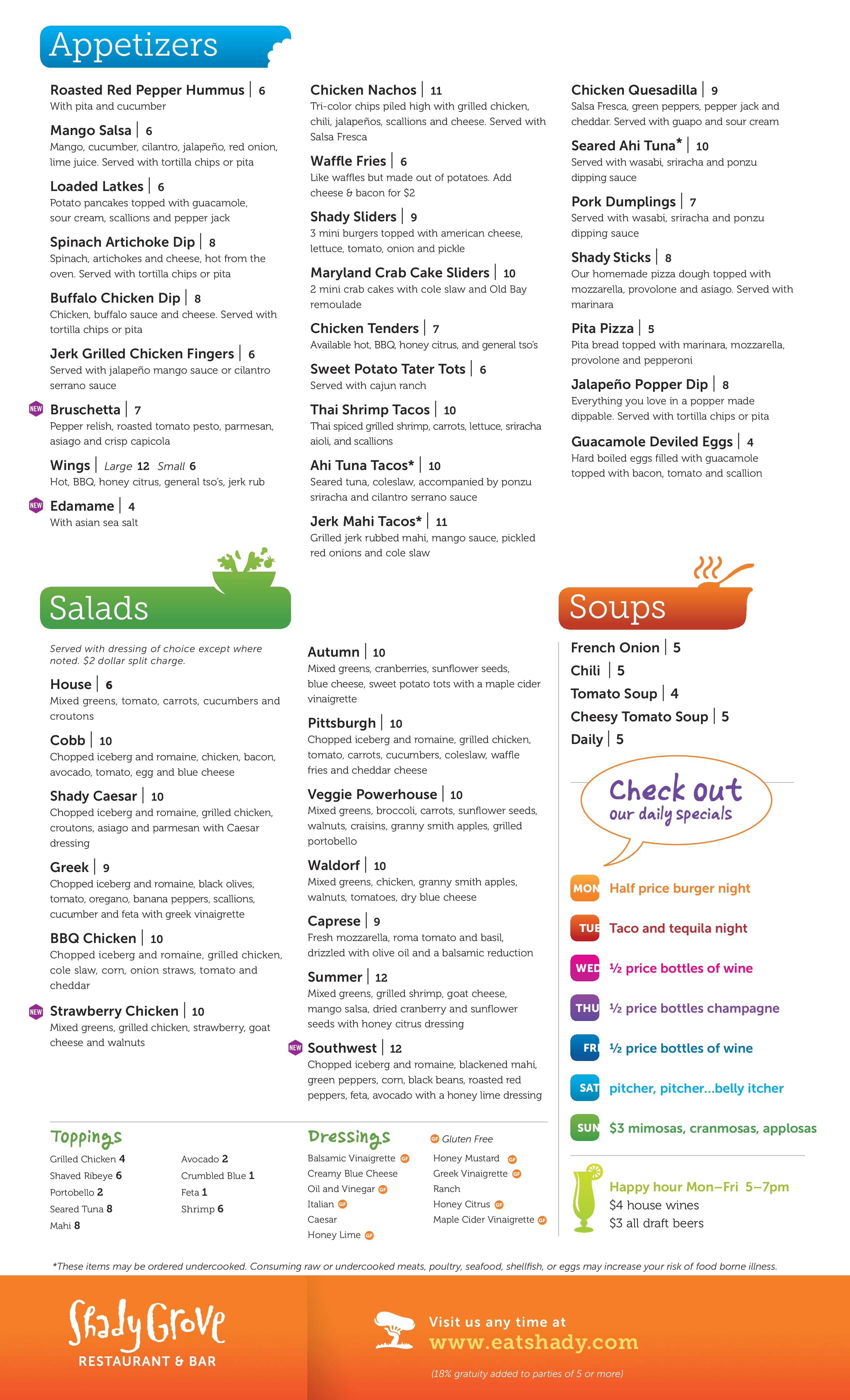 Menu at Shady Grove restaurant, Pittsburgh, Walnut St