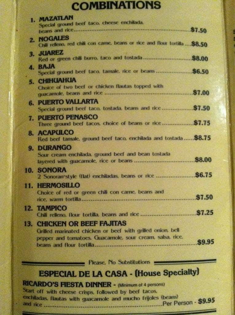 Menu at Mi Amigo Ricardo restaurant, Casa Grande