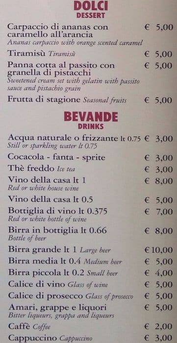 Menu at antica trattoria della Pace pizzeria, Rome