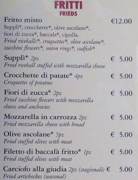 Menu at antica trattoria della Pace pizzeria, Rome