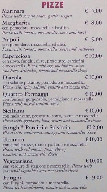 Menu at antica trattoria della Pace pizzeria, Rome