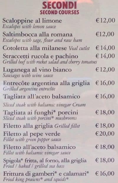 Menu at antica trattoria della Pace pizzeria, Rome
