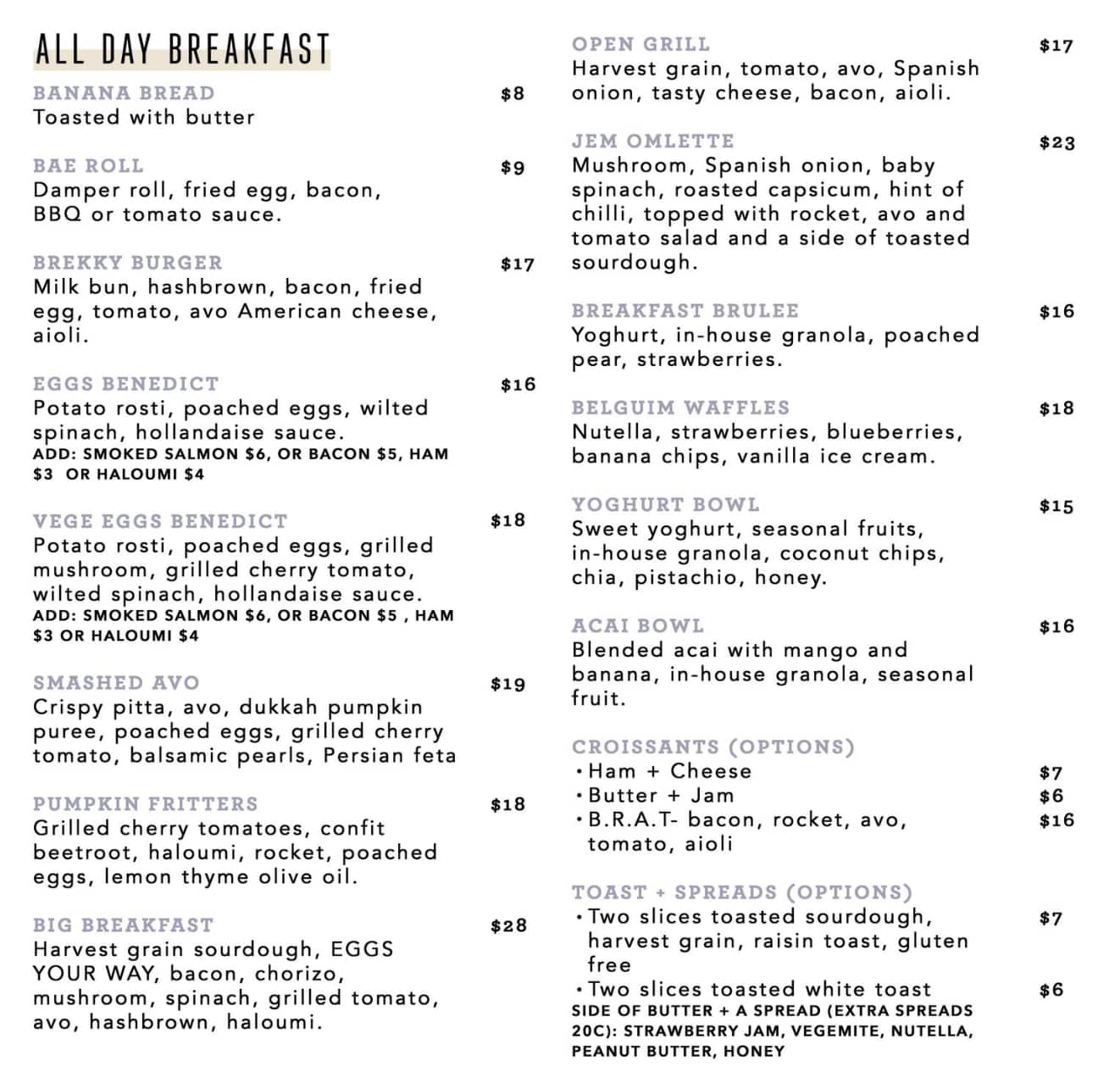 Menu at Hidden Jem Cafe, Kenthurst