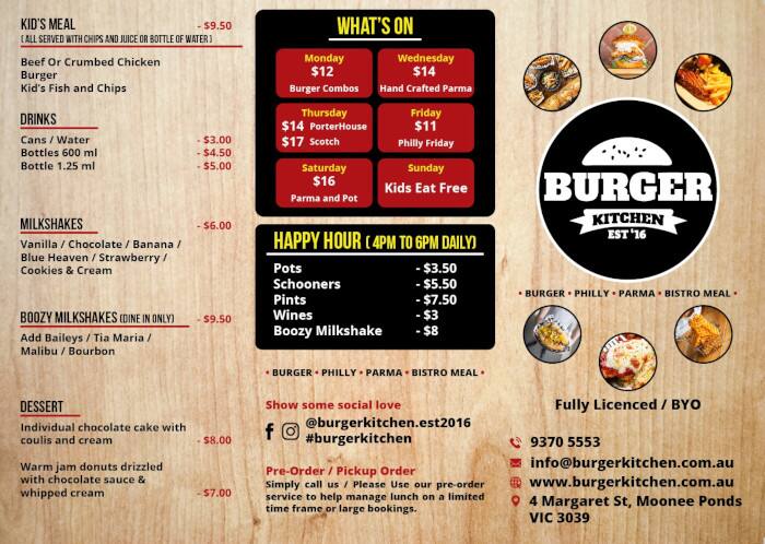 Carta del restaurante Burger Kitchen, Moonee Ponds