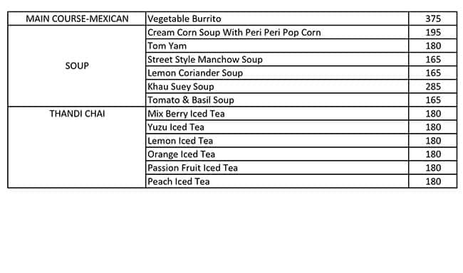 Menu at K's Verandah, Surat