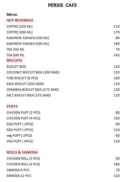 Menu of Persis Cafe, Madhapur, Hyderabad