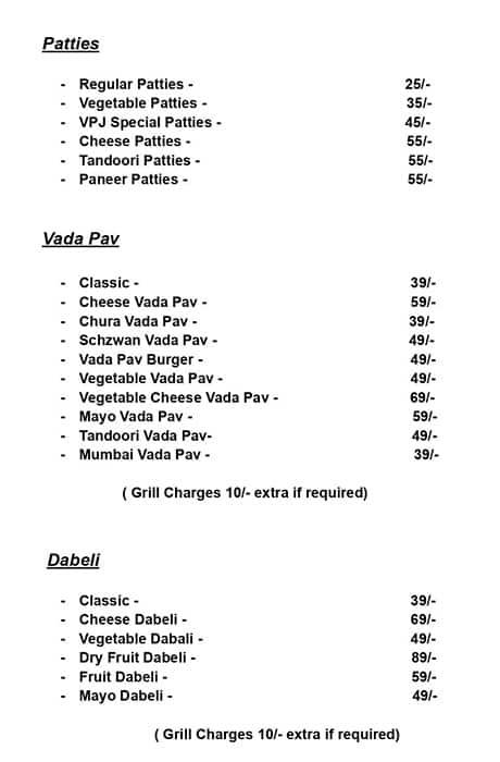 Menu at Vada Pav Junction, Kota