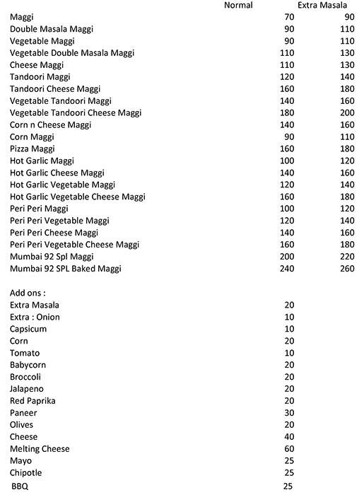 Menu of Mumbai 92 Maggi Junction, Borivali West, Mumbai