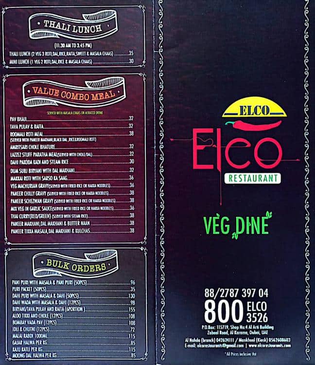 Menu of Elco Veg Dine, Al Karama, Dubai