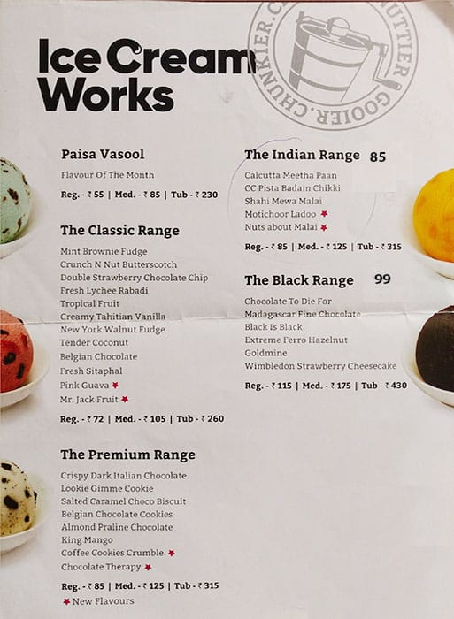 Menu at Ice Cream Works, Mumbai