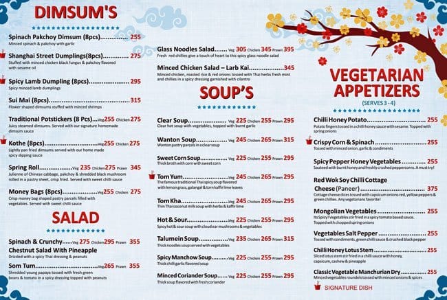 Menu of Red Wok, Defence Colony, New Delhi