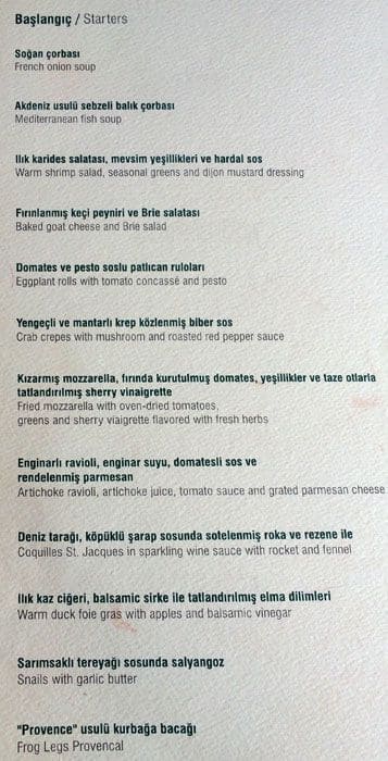 Menu at La Maison, Istanbul