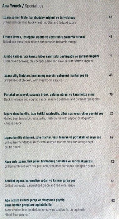 Menu at La Maison, Istanbul