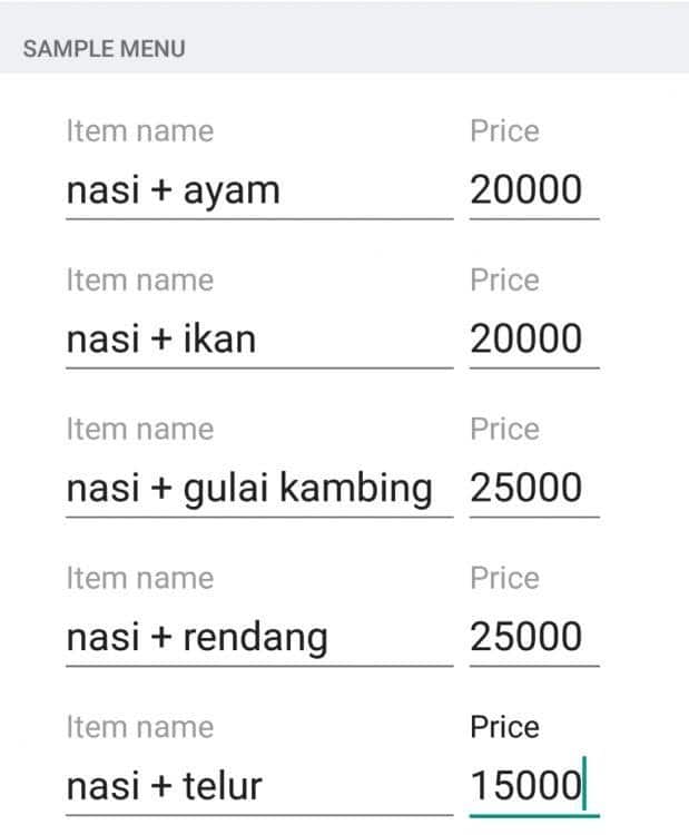 Menu at RM Lestari Minang restaurant, West Jakarta