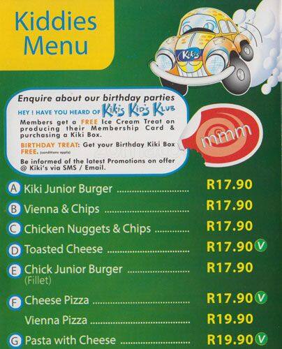 Menu at Kiki's Take Away Foods restaurant, Westville