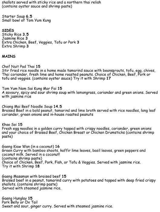 Menu at Pai restaurant, Toronto