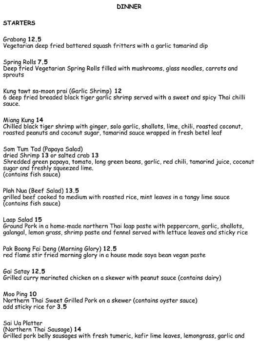 Menu at Pai restaurant, Toronto