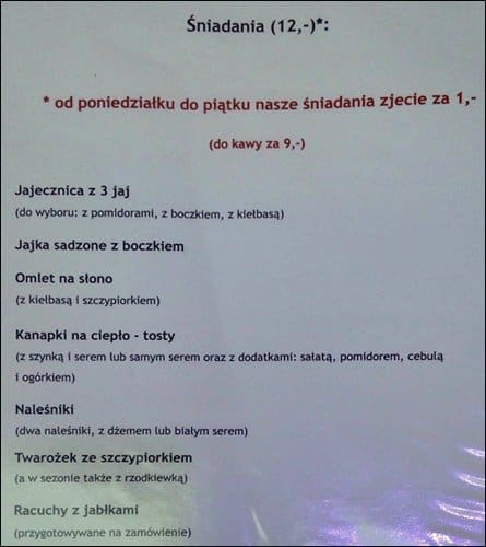 Menu at Pyza Warszawska restaurant, Warsaw, Krakowskie Przedmieście 79