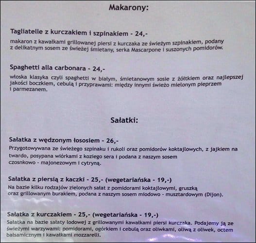 Menu at Pyza Warszawska restaurant, Warsaw, Krakowskie Przedmieście 79