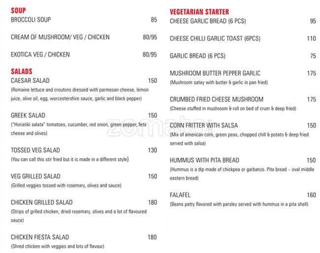 Menu at Elite Club, Pune