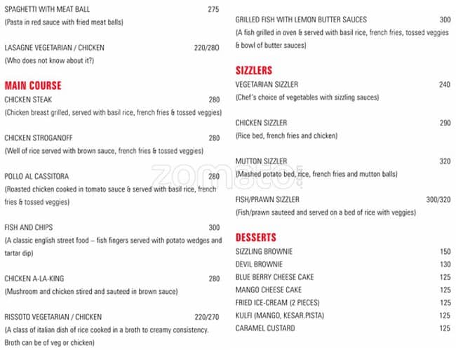 Menu at Elite Club, Pune