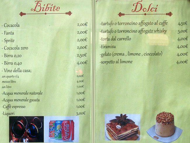 Menu at Piccolo Paradiso restaurant, Milan, Via Tito Livio 1