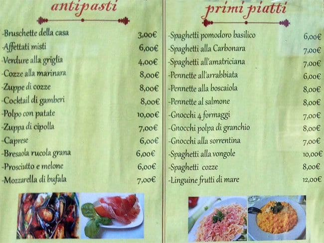Menu at Piccolo Paradiso restaurant, Milan, Via Tito Livio 1