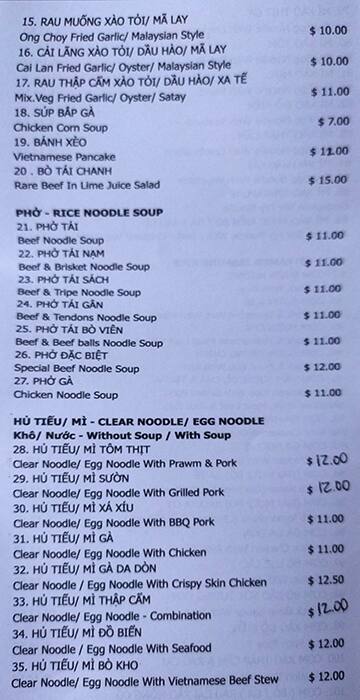 Menu at Van Vietnamese Restaurant, Darra