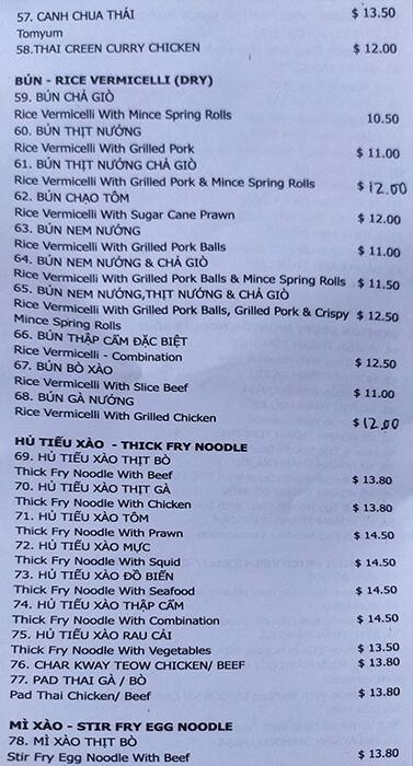Menu at Van Vietnamese Restaurant, Darra