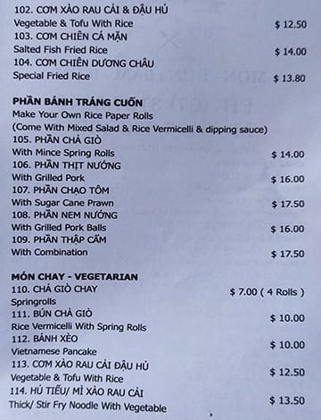 Menu at Van Vietnamese Restaurant, Darra