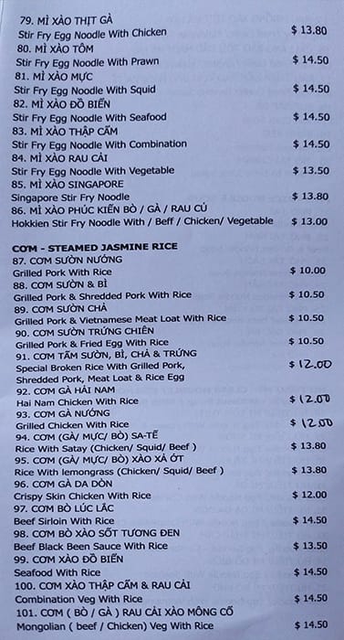 Menu at Van Vietnamese Restaurant, Darra