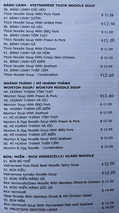 Menu at Van Vietnamese Restaurant, Darra